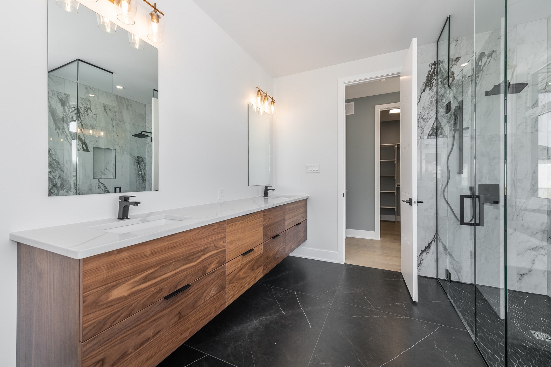 Modica Walnut - Ensuite - Deslaurier Custom Cabinets